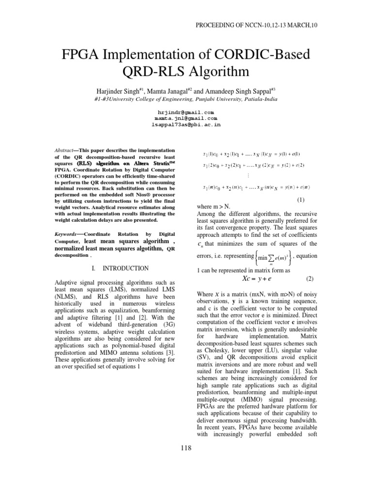 FPGA Implementation of CORDIC-Based QRD-RLS Algorithm | PDF | Field Programmable Gate Array ...