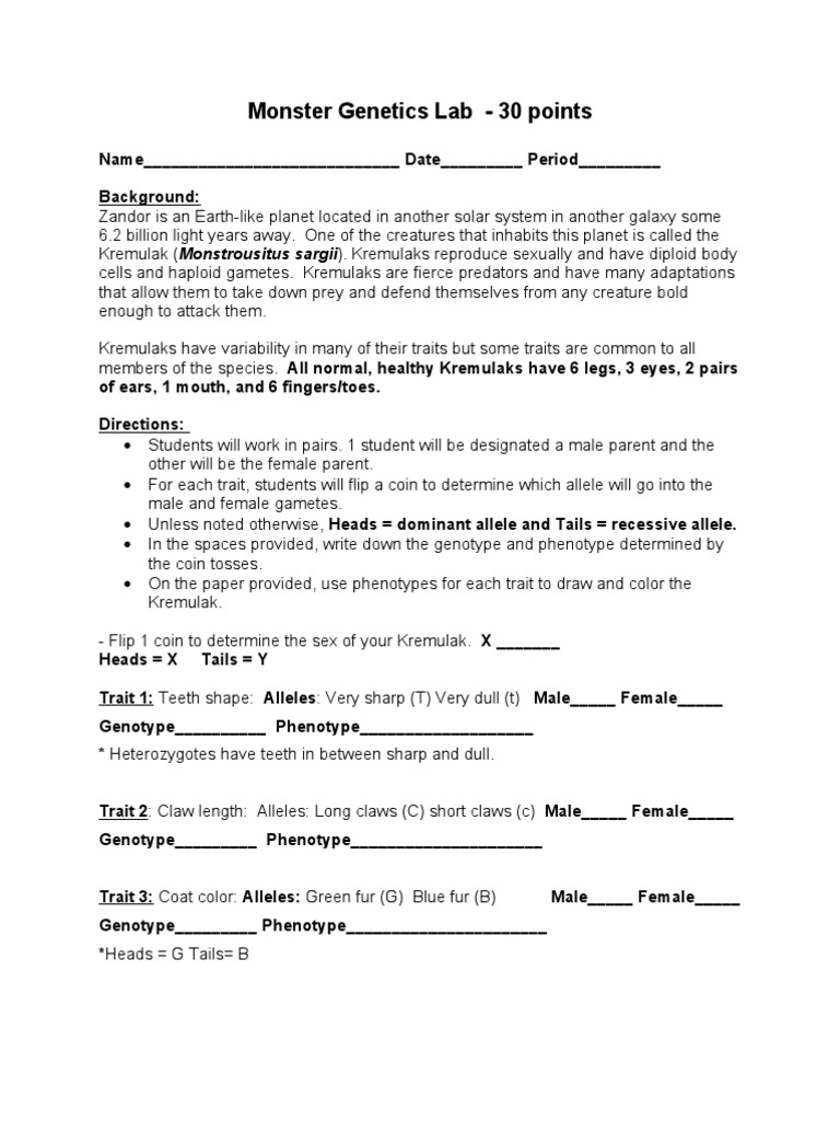 Monster Genetics Lab | PDF | Dominance (Genetics) | Zygosity