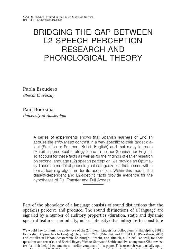 Bridging The Gap Between L2 Speech Perception Research and Phonological Theory | PDF ...