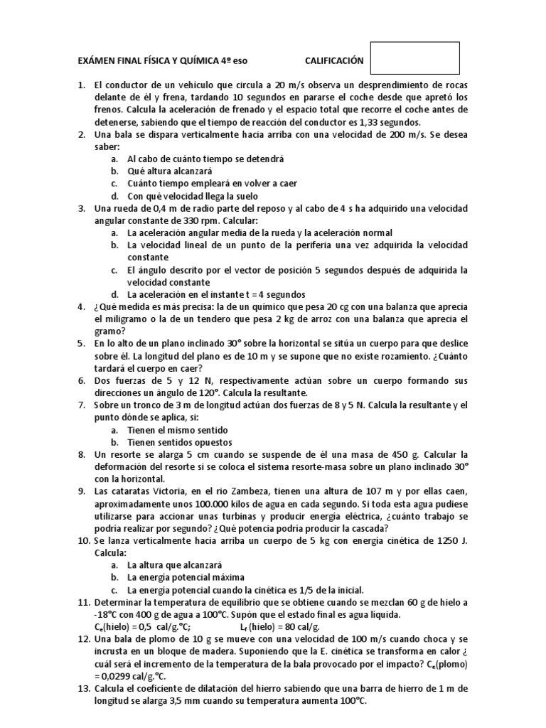 EXÁMEN FINAL Fyq 4º Eso | PDF | Velocidad | Aceleración