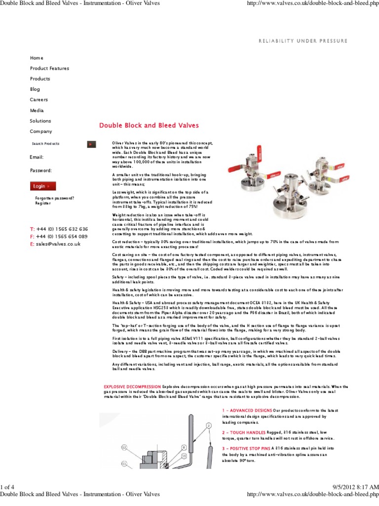 Double Block and Bleed Valves - Instrumentation - Oliver Valves | PDF ...