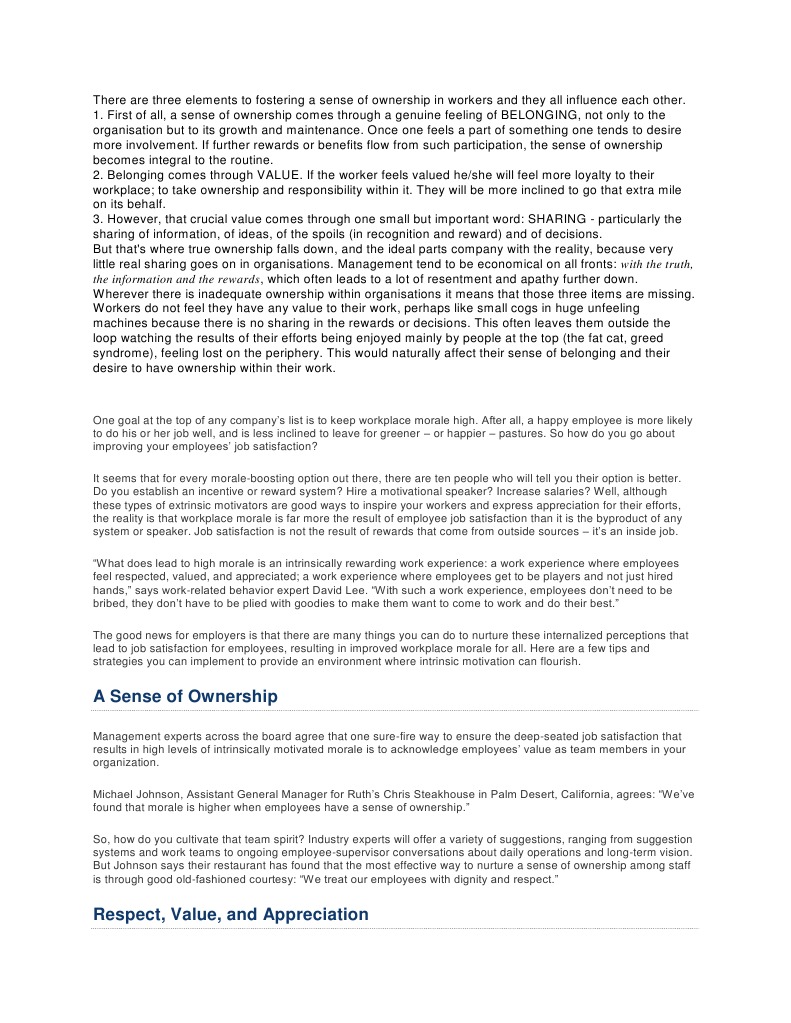 Sense of Ownership 1 | PDF | Job Satisfaction | Employment