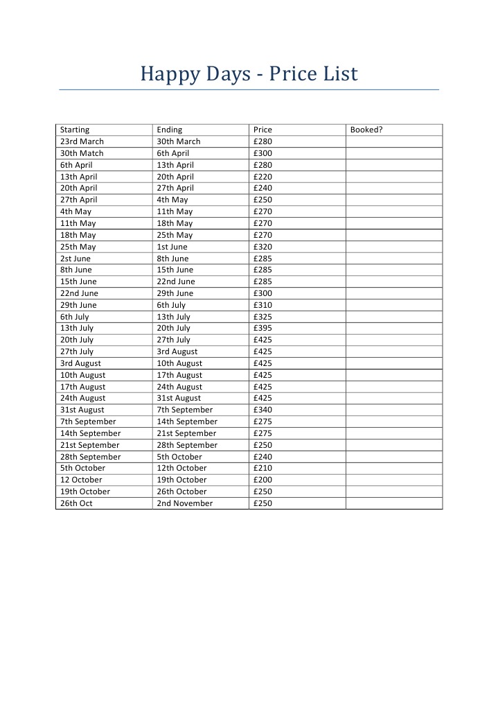 Happy Days - Price List | PDF