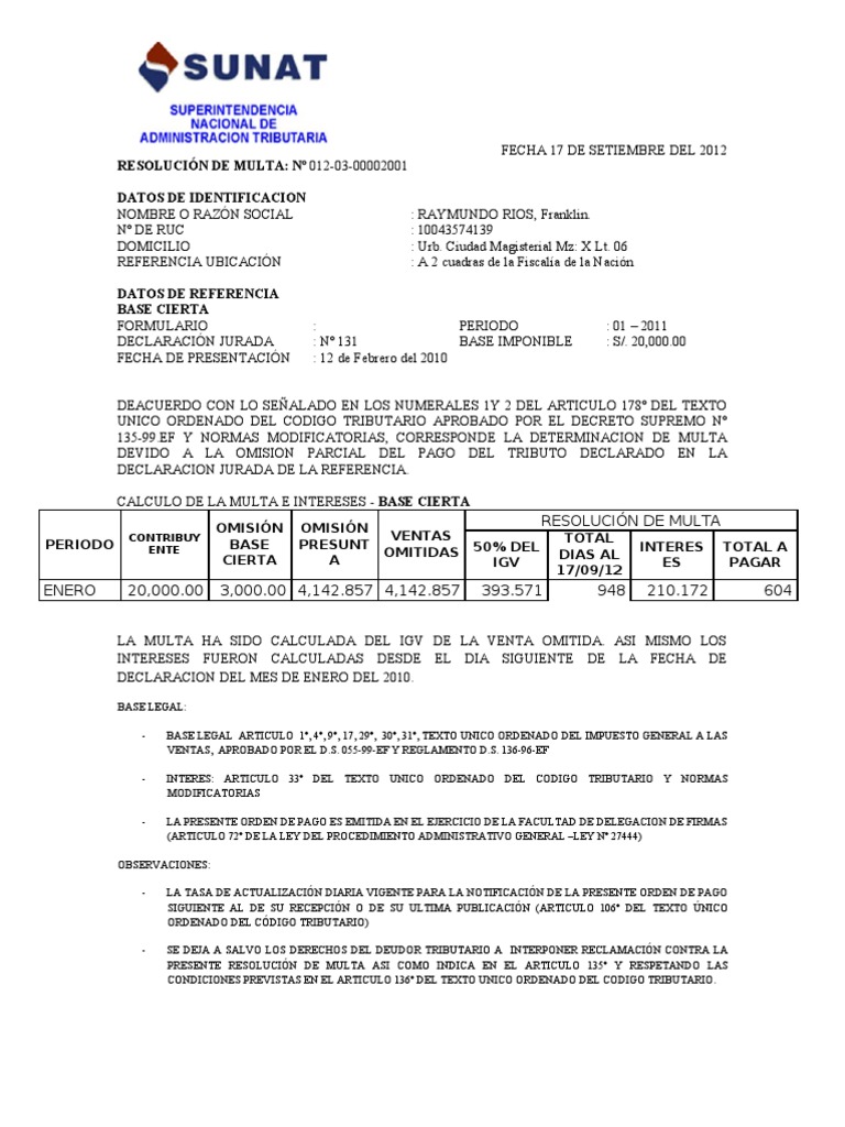 modelo de resolucion de multa