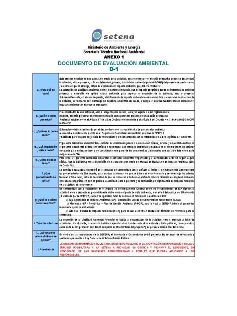 Formulario D1 SETENA Version Oficial | PDF | Evaluación de impacto ...