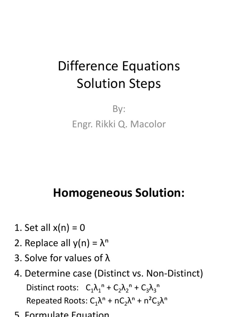 Difference Equations Solution Steps: By: Engr. Rikki Q. Macolor | PDF | Recurrence Relation | Angle