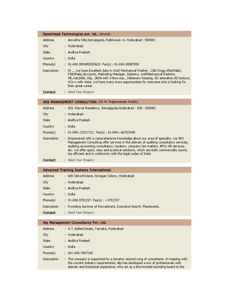 Hyderabad Consultancy List | PDF | Recruitment | Consultant