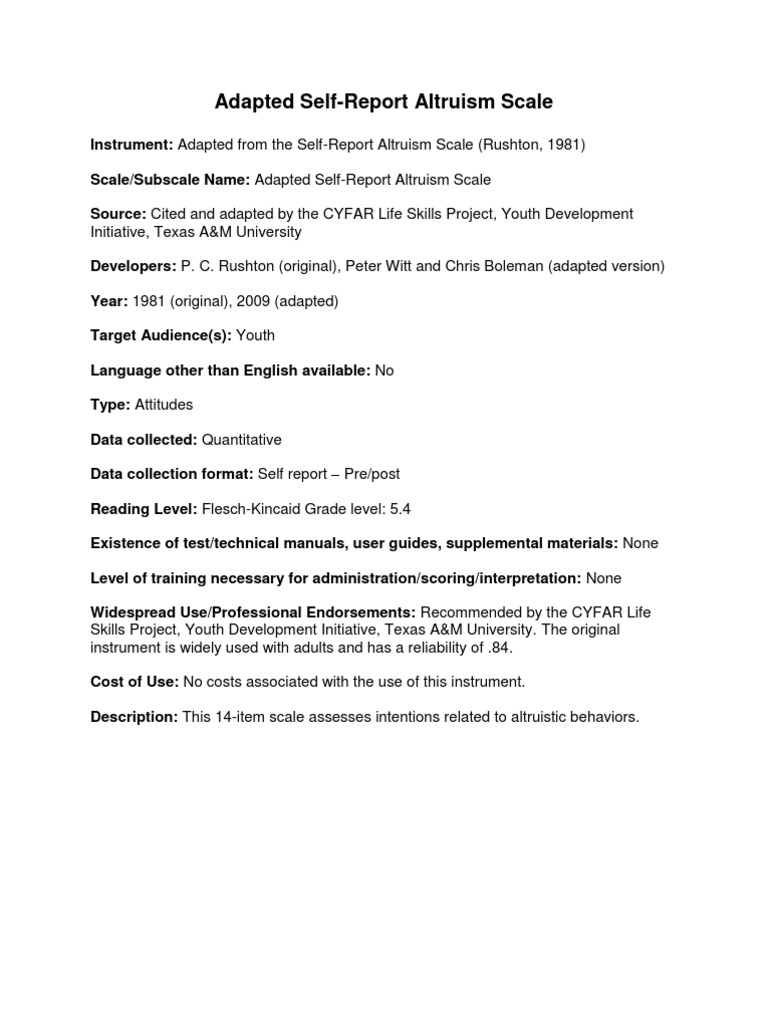 Adapted Self-Report Altruism Scale | PDF | Psychometrics | Level Of ...