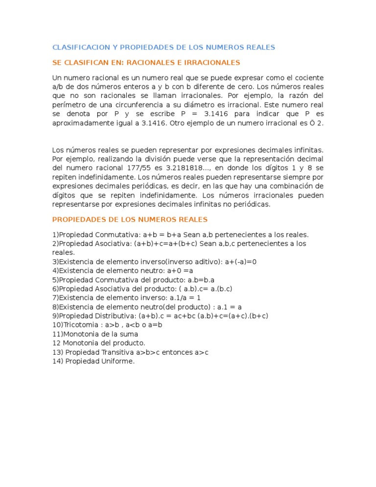 Clasificacion y Propiedades de Los Numeros Reales | PDF