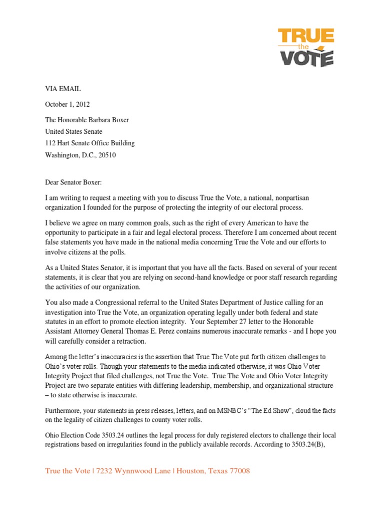 2012 October 1 TTV Boxer Letter | PDF | True The Vote | Politics Of The ...