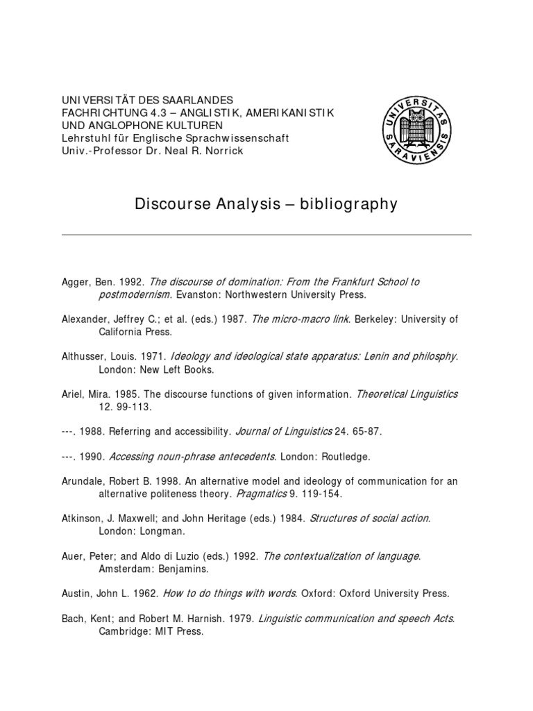 Discourse Analysis Bibliography | PDF | Linguistics | Semiotics