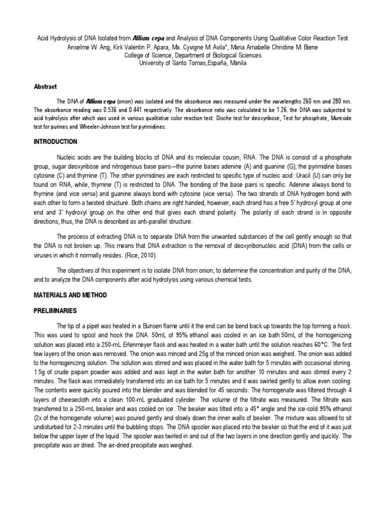 Acid Hydrolysis of DNA Isolated From Allium Cepa and Analysis of DNA ...