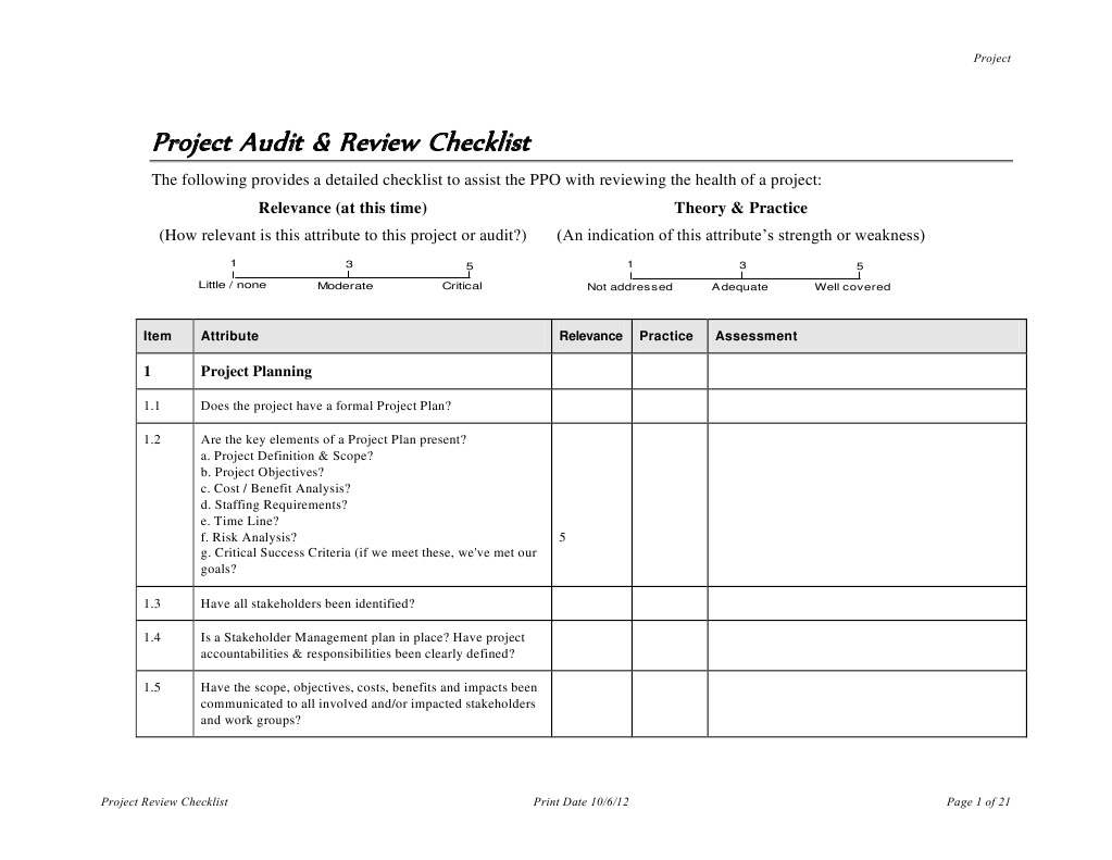 Project Review Checklist | Project Management | Specification ...