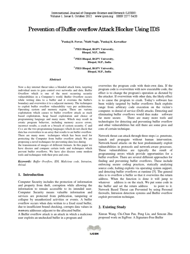 Prevention of Buffer Overflow Attack Blocker Using IDS | PDF | Firewall (Computing) | Malware
