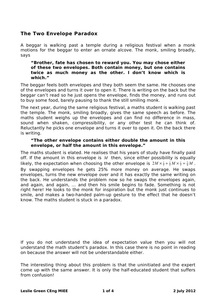 Two Envelopes Paradox | PDF | Expected Value | Probability