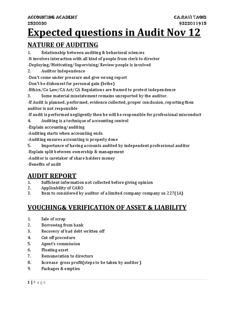 Key Audit Questions for Nov 12 Exam | PDF | Financial Audit | Audit