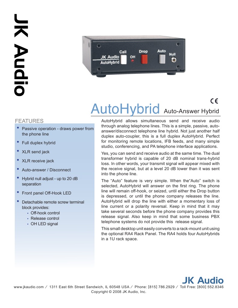 JK Audio AutoHybrid Datasheet | PDF | Telephone | Duplex ...