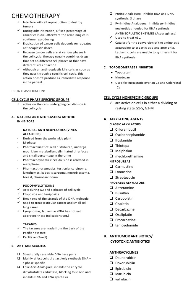 Chemotherapy: Cell Cycle Phase Specific Groups Cell Cycle Nonspecific ...