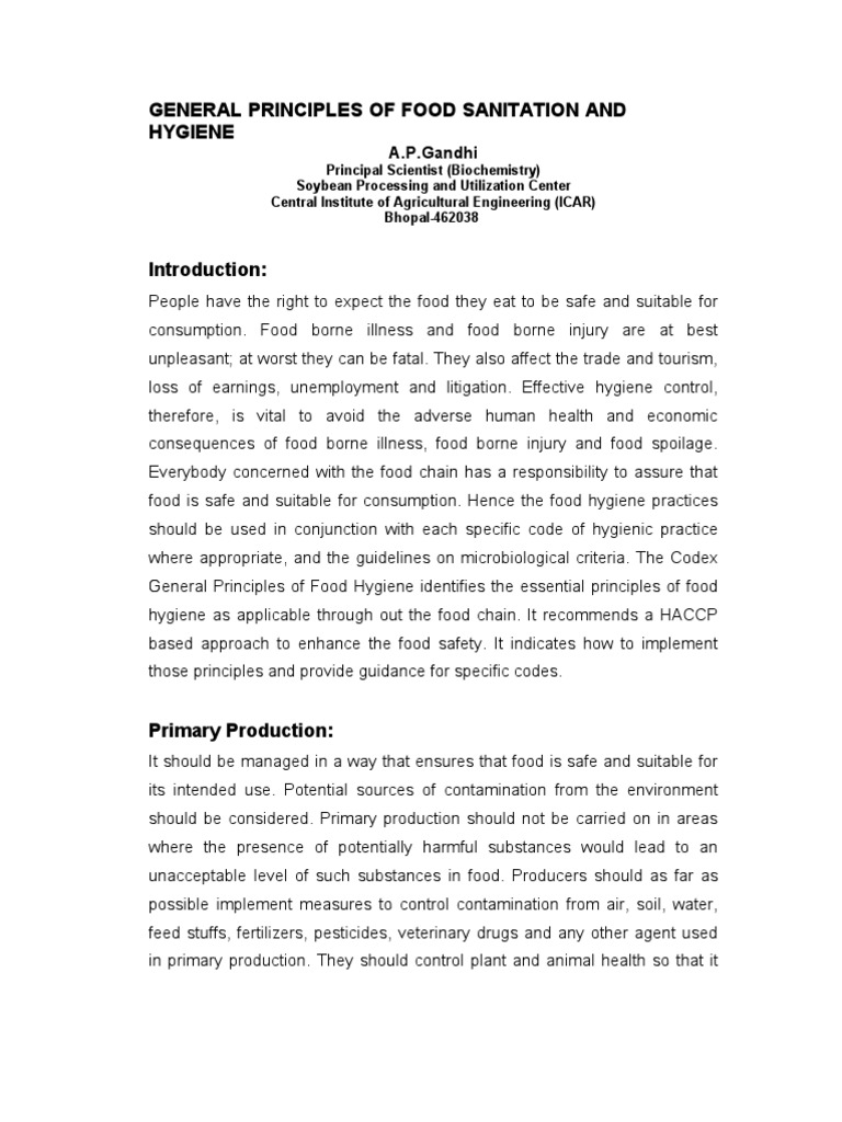 General Principles of Food Sanitation and Hygiene: A.P.Gandhi | PDF ...