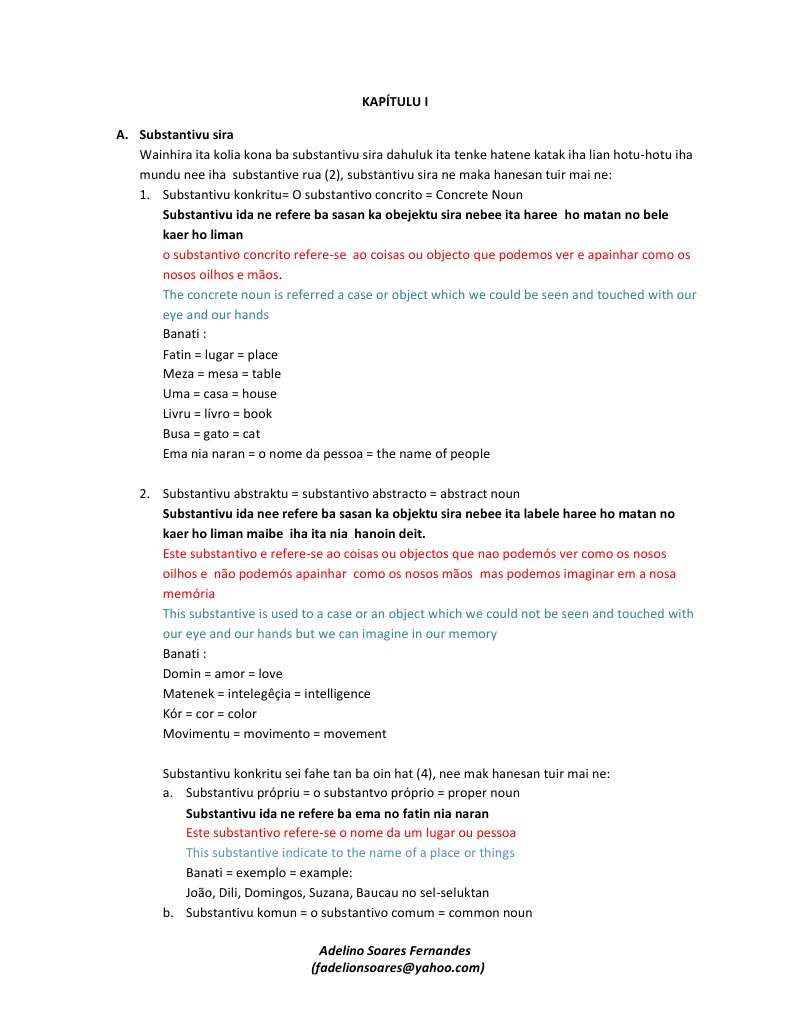 Tetum, Portugues e ingles | Substantivo | Gramática