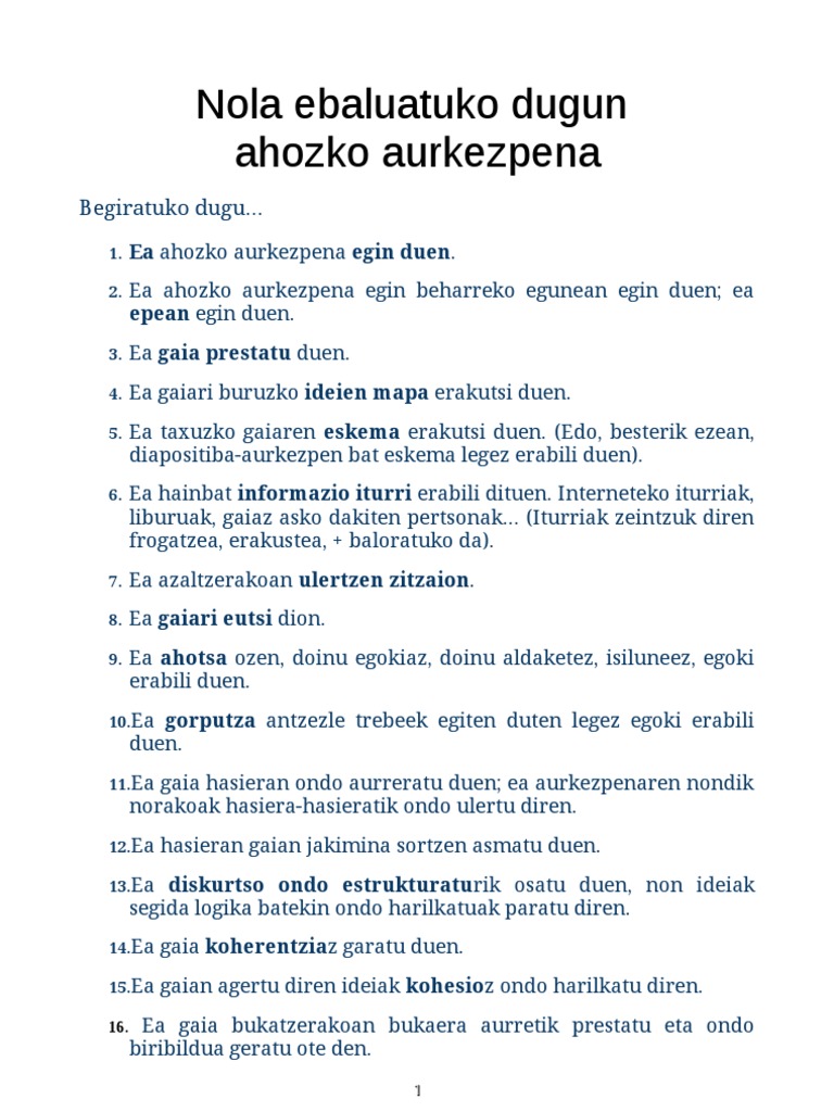 Nola Ebaluatuko Dugun Ahozko Aurkezpena | PDF