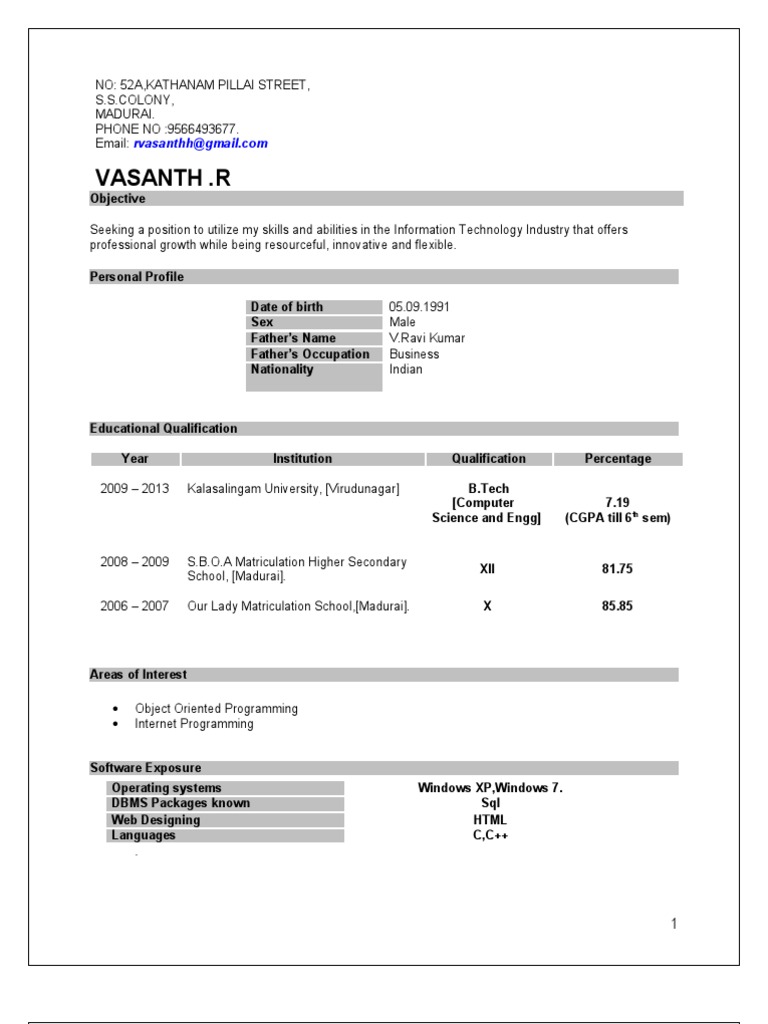 IT Resume of Vasanth R. - B.Tech Graduate | PDF | Career & Growth | Art