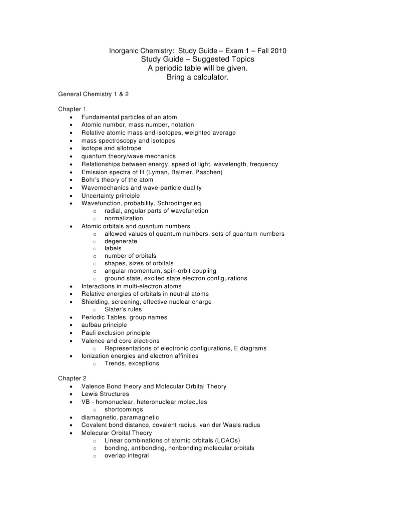 Inorganic Chemistry Study Guide - Exam 1 - Chapters 1-3 | PDF | Atomic ...