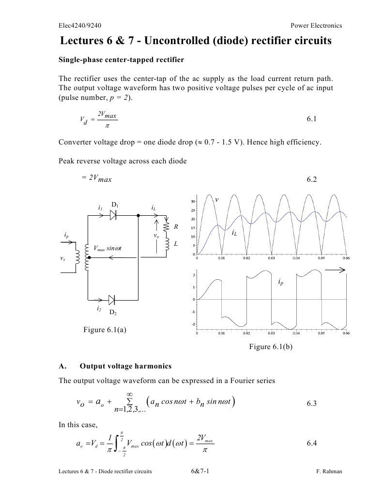 Lectures 6 & 7 - Uncontrolled (Diode) Rectifier Circuits: Single-Phase Center-Tapped Rectifier ...