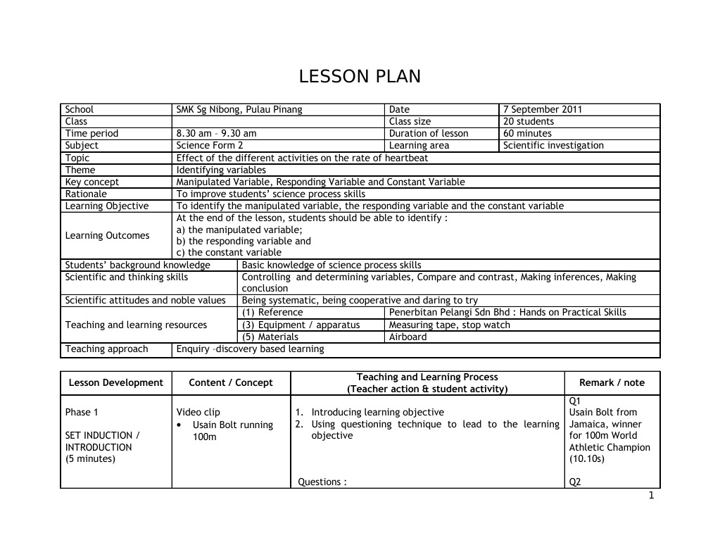 Contoh Lesson Plan Science Form 2 | Experiment | Lesson Plan