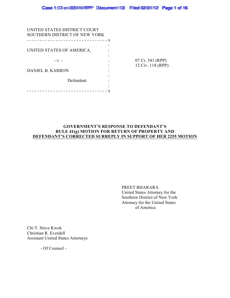 Government'S Response To Defendant'S Rule 41 (G) Motion For Return of ...