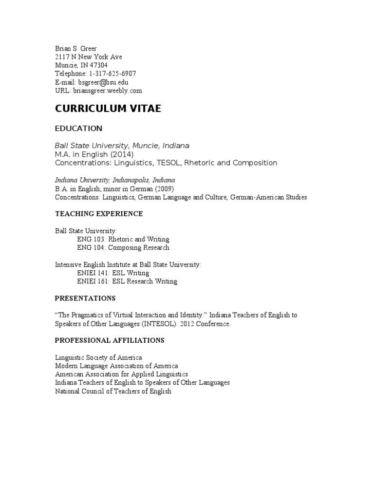 Brian Greer C.V. | PDF | Language Arts & Discipline
