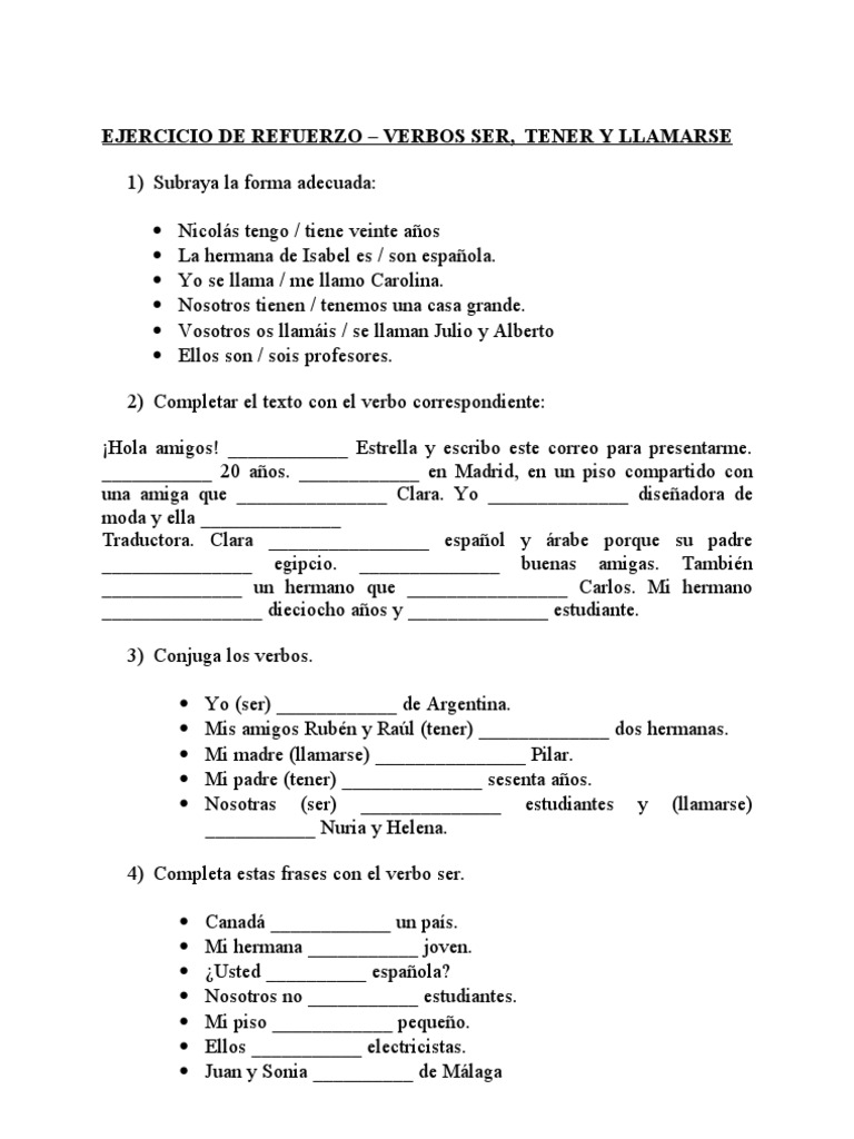 EJERCICIO de REFUERZO Verbos Ser Tener Llamarse | PDF EJERCICIO de REFUERZO Verbos Ser Tener Llamarse | PDF