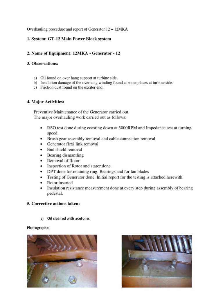 Overhauling Procedure and Report of Generator 12 | PDF