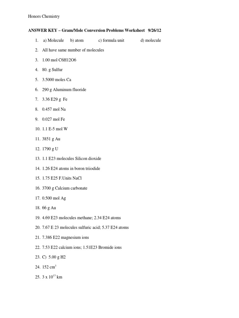 Answer Key Gram Mole Conversions Ws | PDF | Mole (Unit) | Molecules