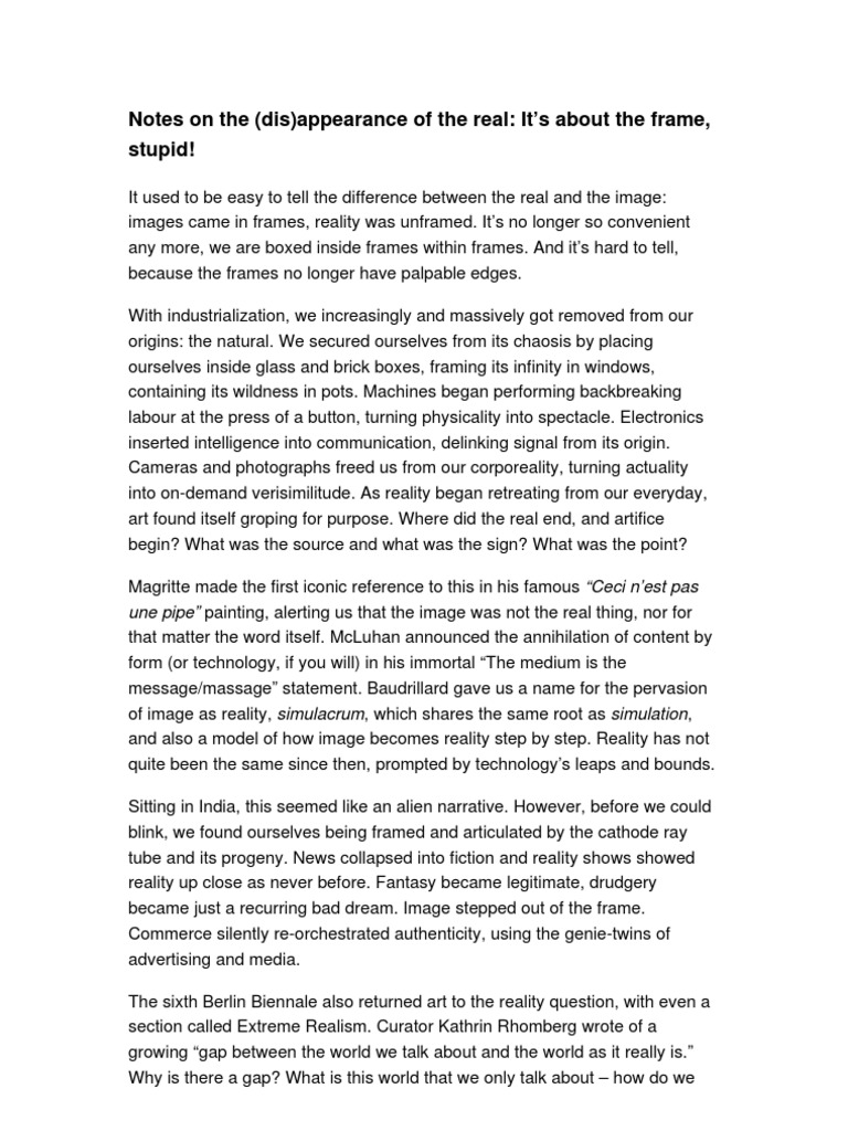Notes On The (Dis) Appearance of The Real | PDF | New Media | Reality