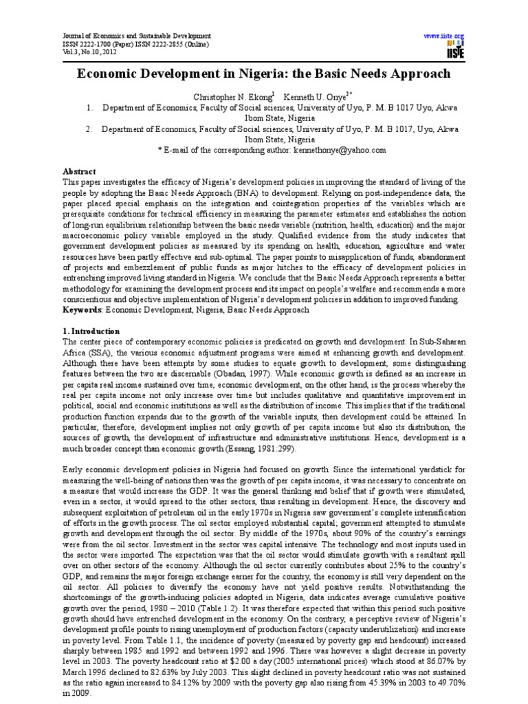 Economic Development in Nigeria - The Basic Needs Approach | PDF ...