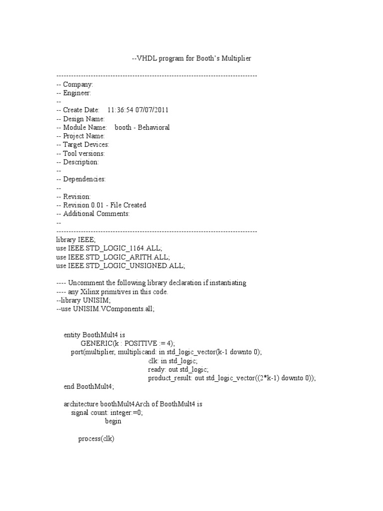 VHDL Program For Booths Multiplier | PDF | Multiplication | Vhdl