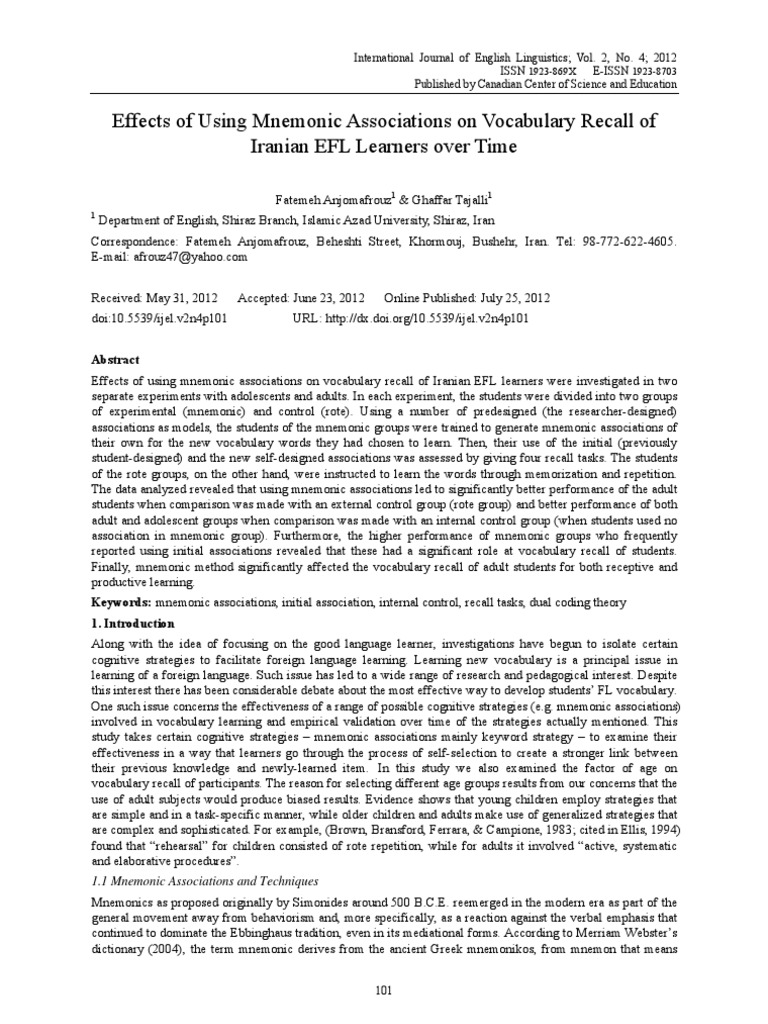 Effects of Using Mnemonics | PDF | Recall (Memory) | Mnemonic