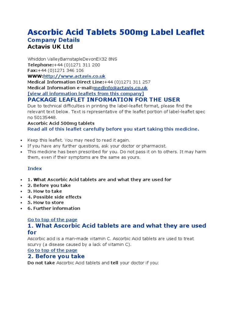 Ascorbic Acid Tablets 500mg Label Leaflet | PDF | Vitamin C | Tablet ...
