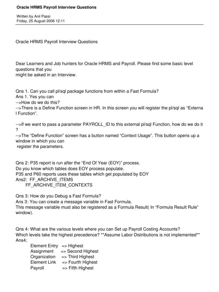 15 Oracle Hrms Payroll Interview Questions | PDF | Oracle Database | Pl/Sql