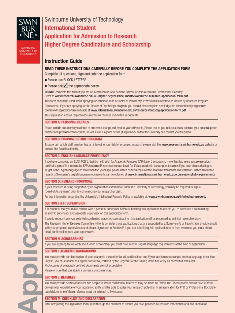 Swinburne Research Application Form International | PDF