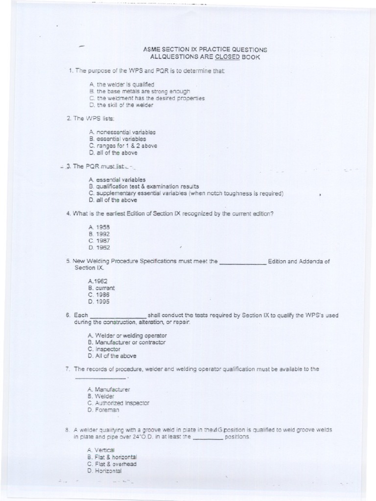Asme Section Ix Practice Questions | PDF