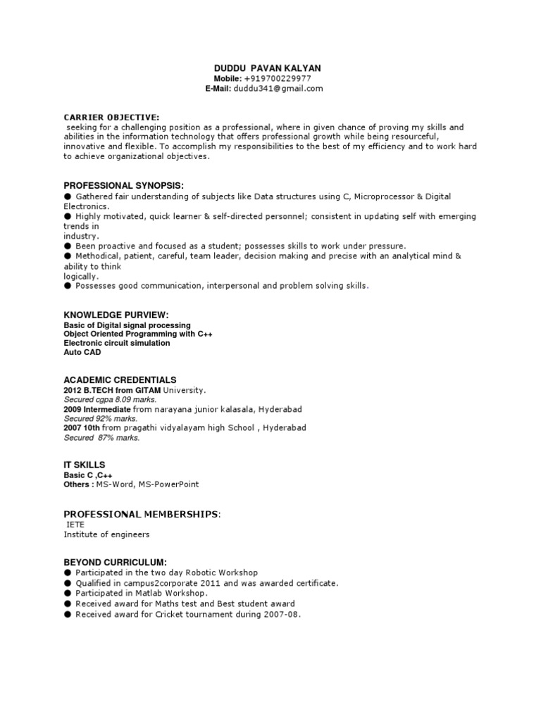 Resume of D. Pavan Kalyan | PDF