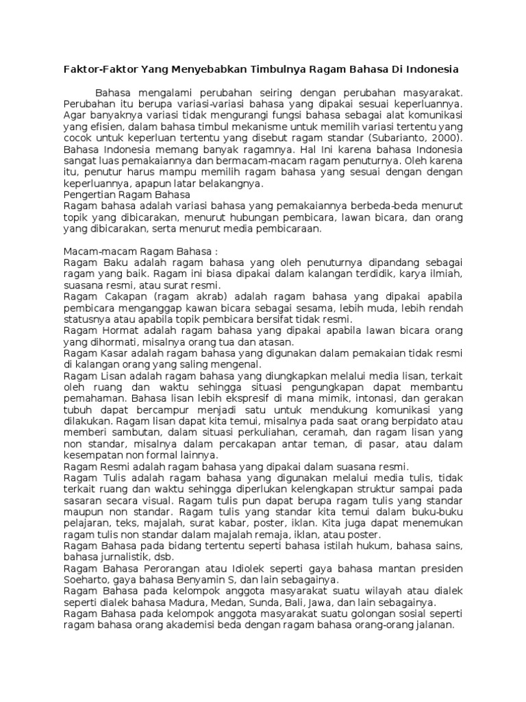 Faktor Penyebab Ragam Bahasa Di Indonesia | PDF | Seni & Disiplin Bahasa