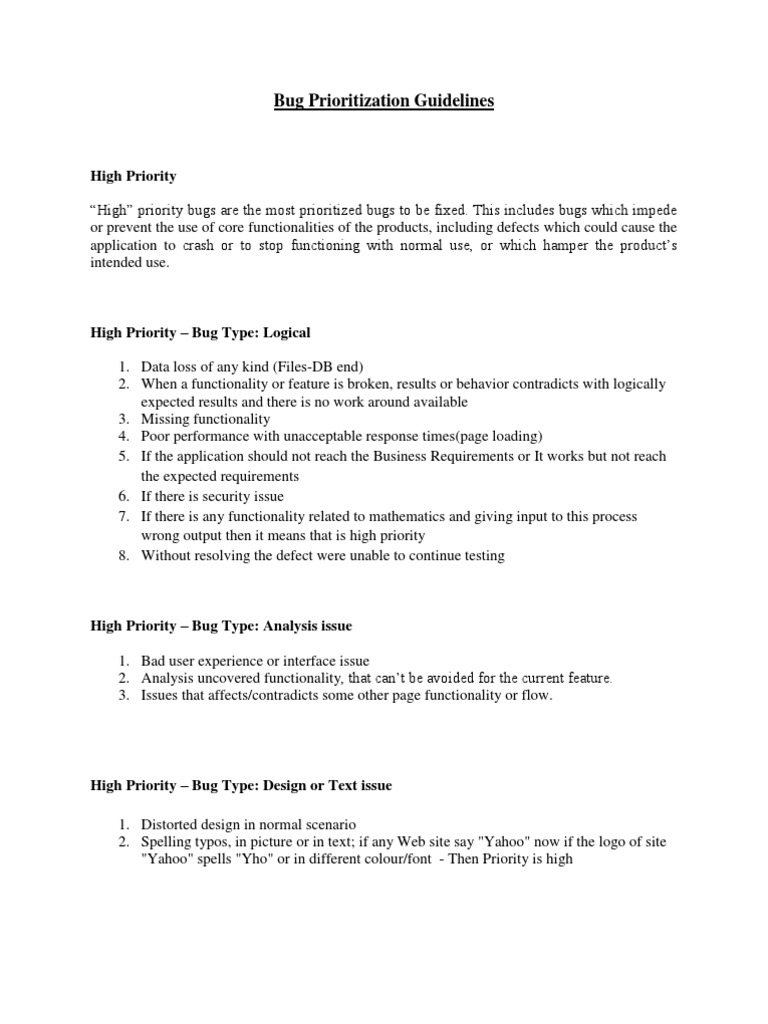 Bug Prioritization Guidelines Pdf Software Bug Information