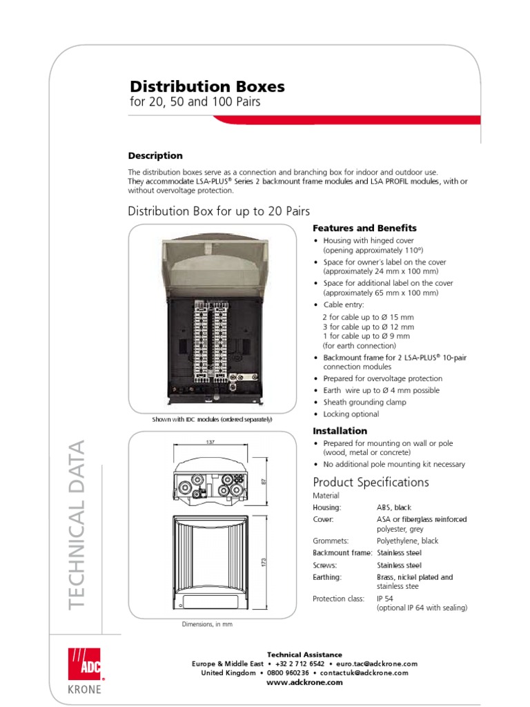 Krone Distribution Box Specifications | PDF | Cable | Manufactured Goods