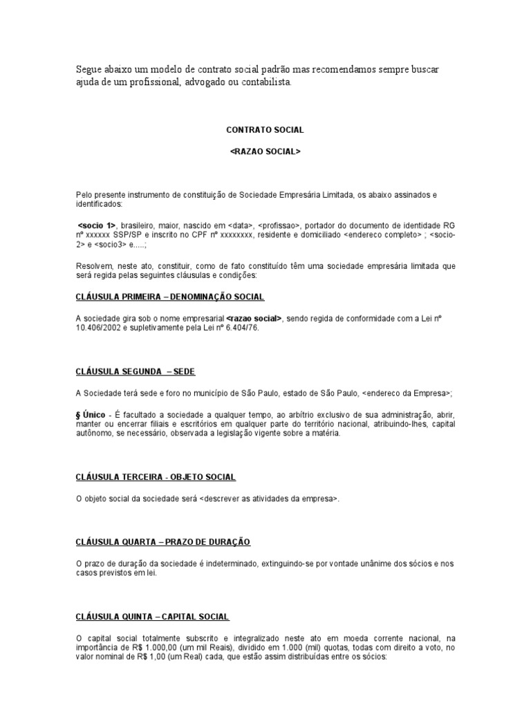 Modelo Contrato Social | PDF | Lei Estatutária | Companhia limitada