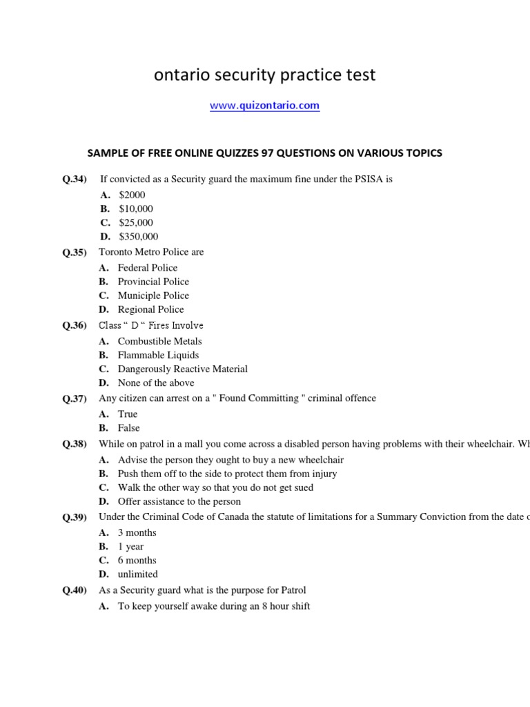 Ontario Security Practice Test | PDF | Security Guard | Private ...