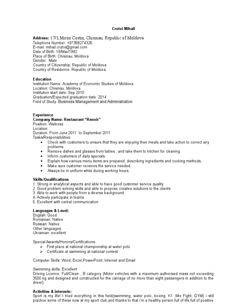 Model CV | PDF | Moldova | Languages