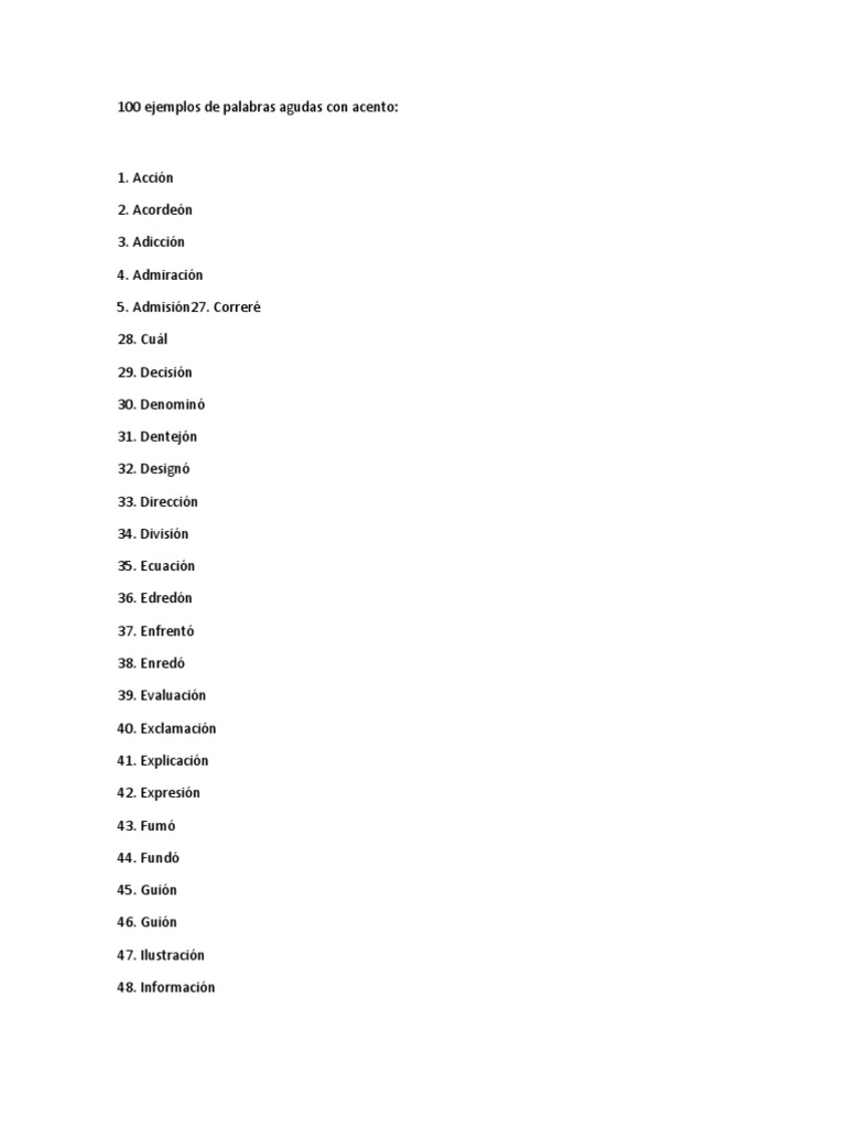 100 Ejemplos De Palabras Agudas Con Acento Palabras 100 Ejemplos De